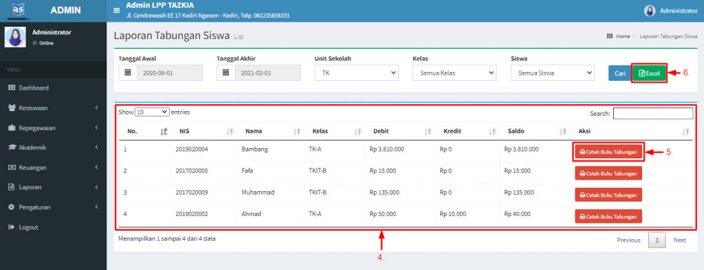 6.9 Cara Laporan Tabungan | Laporan – Pusat Tutorial AdminSekolah.net